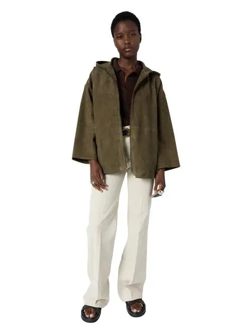 Gerard Darel Tassya Zip-Up Hooded Suede Jacket In Khaki Green